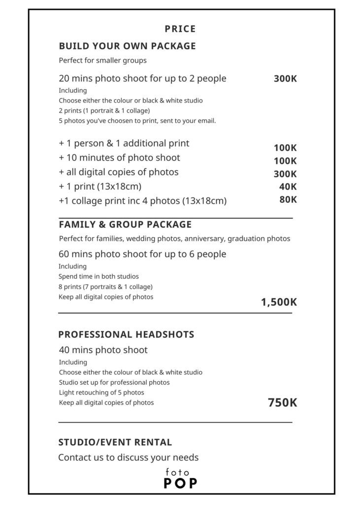 fotoPOP self-photo studio & cafe | Price